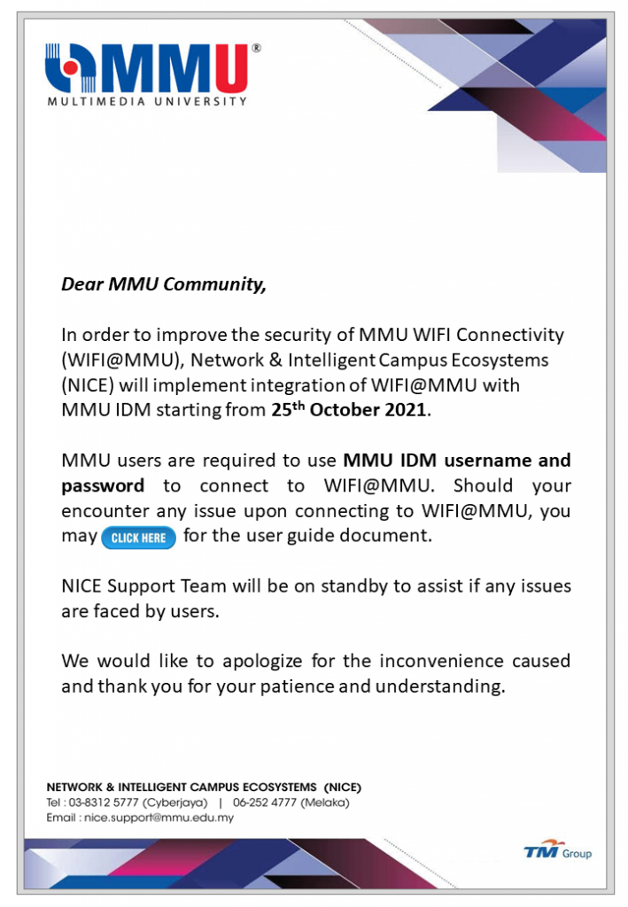 WIFI@MMU Integration with MMU IDM – Network & Intelligent Campus Ecosystems